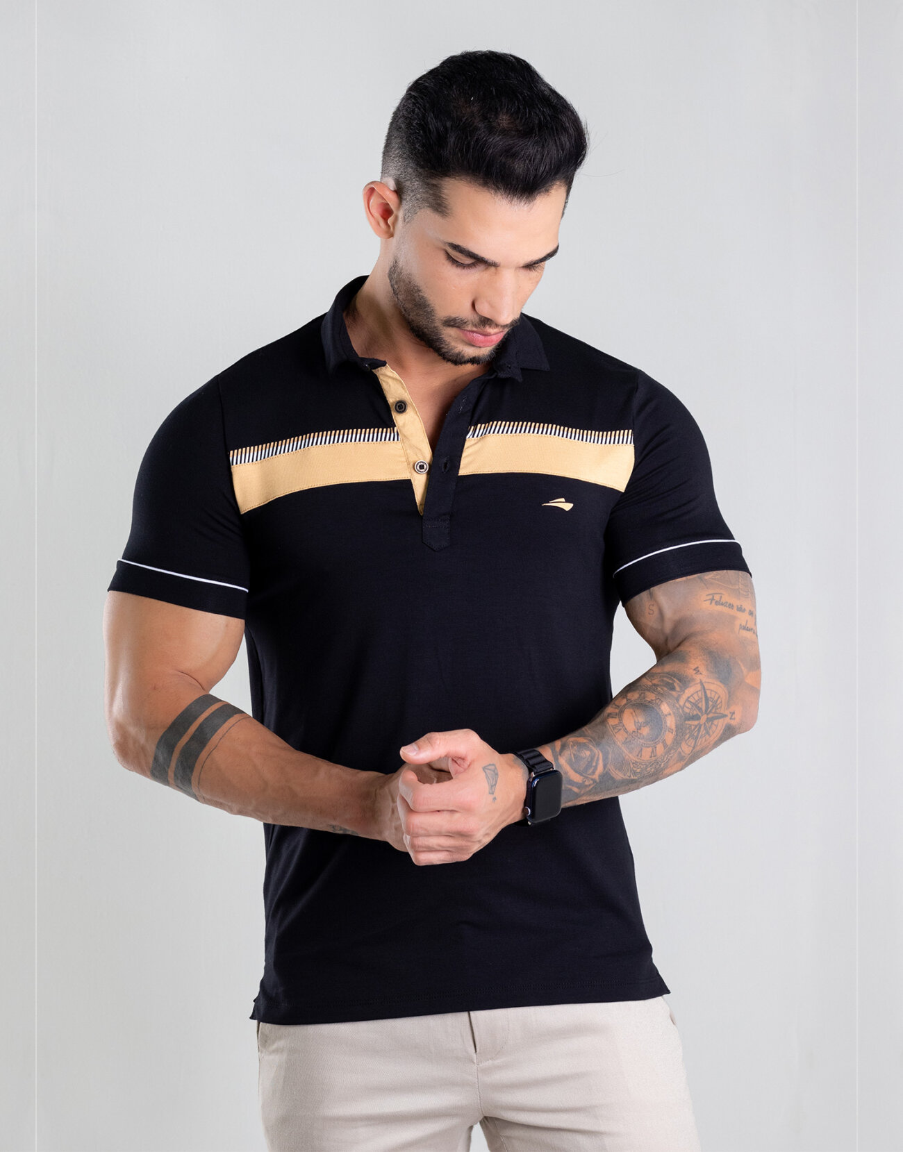 Camisa Gola Polo Masculina Clássica Com Elastano - Cor Preta – Davy Jones