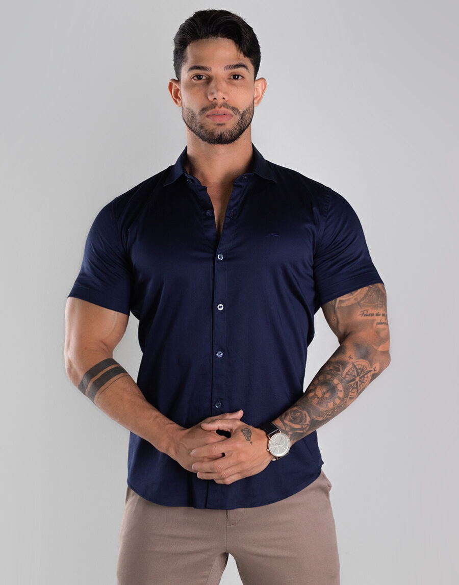 Camisa Social Masculina Manga Curta Cetim Premium Slim Fit – Cor Azul ...