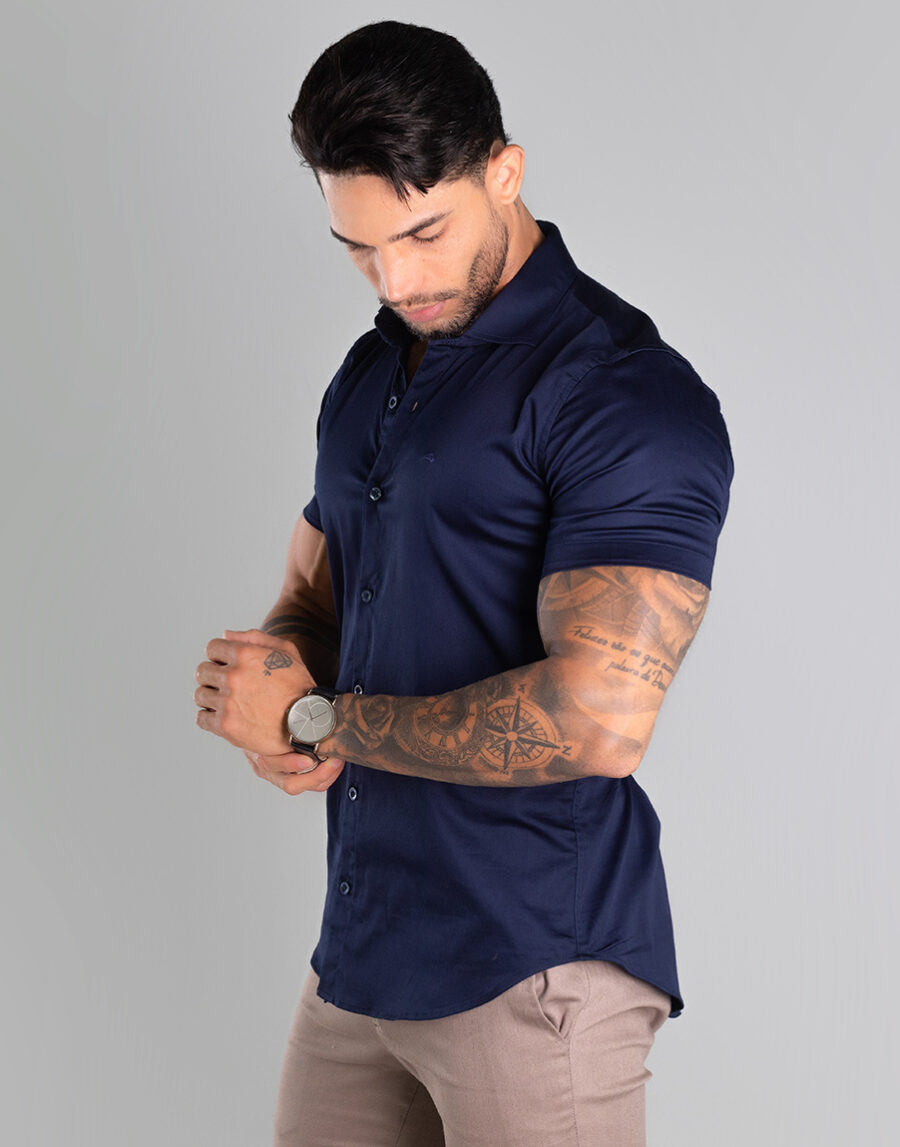Camisa Social Masculina Manga Curta Cetim Premium Slim Fit – Cor Azul ...